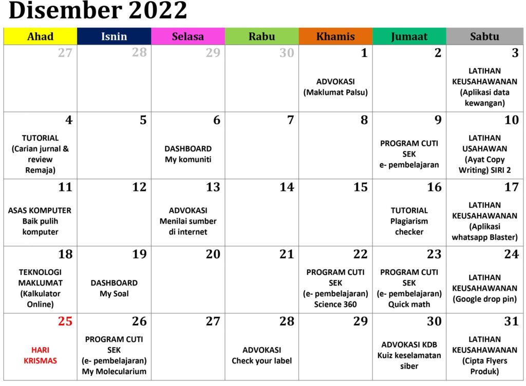 JADUAL AKTIVITI BULAN DISEMBER 2022 – NADI Felda Krau 1
