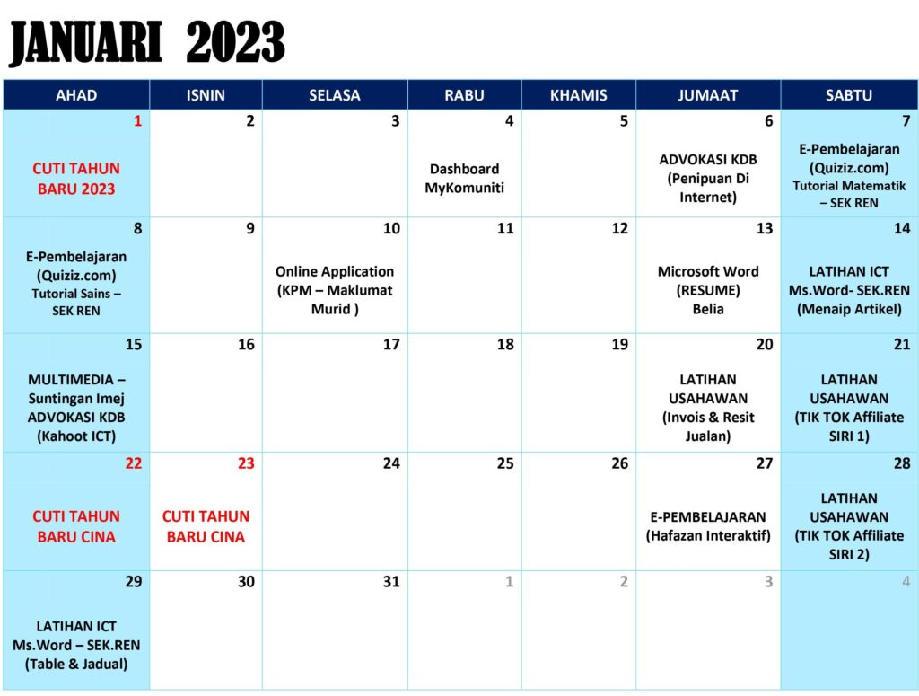 JADUAL AKTIVITI BULAN JANUARI 2023 – NADI Felda Krau 1