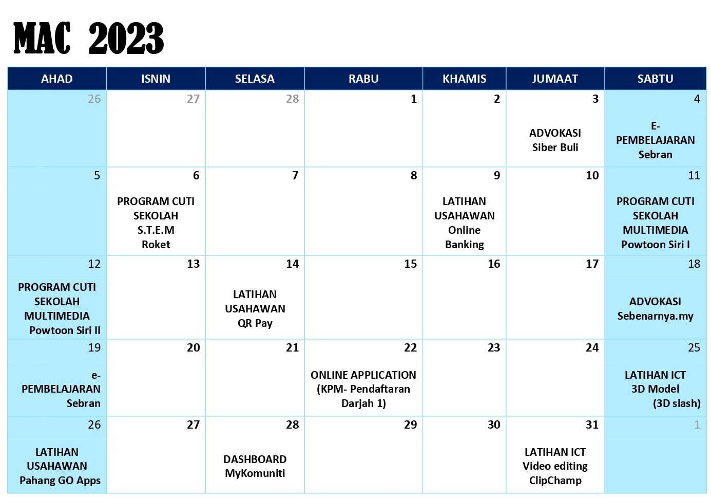 JADUAL AKTIVITI BULAN MAC 2023 – NADI Felda Krau 1