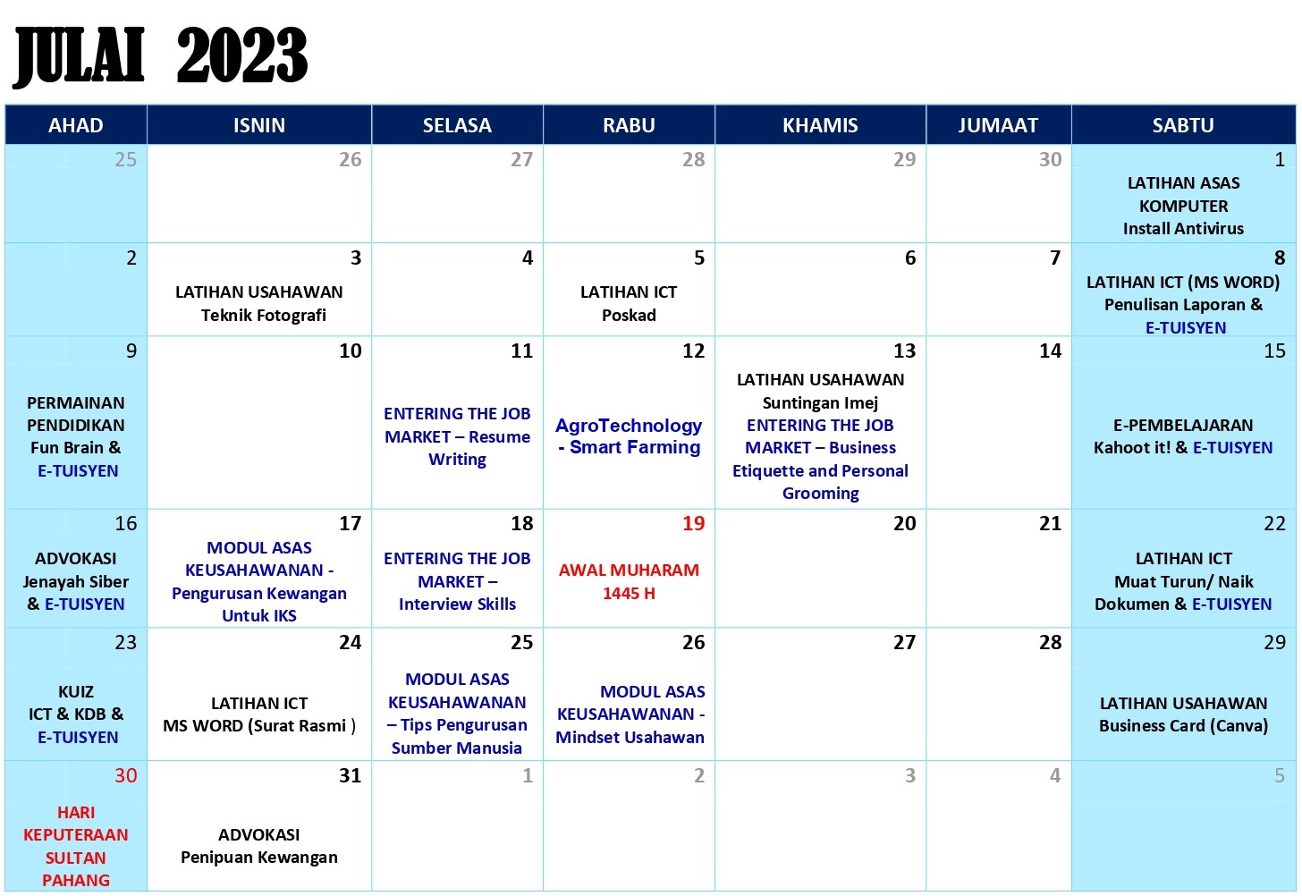 JADUAL AKTIVITI BULAN JULAI 2023 – NADI Felda Krau 1