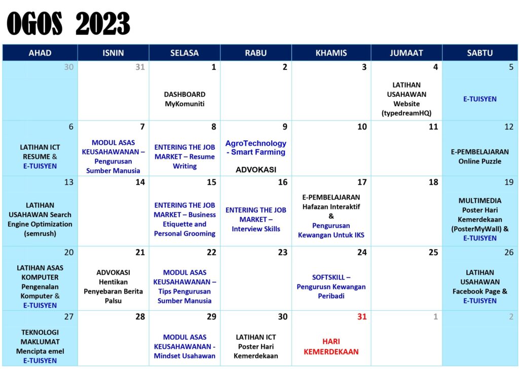 JADUAL AKTIVITI BULAN OGOS 2023 – NADI Felda Krau 1