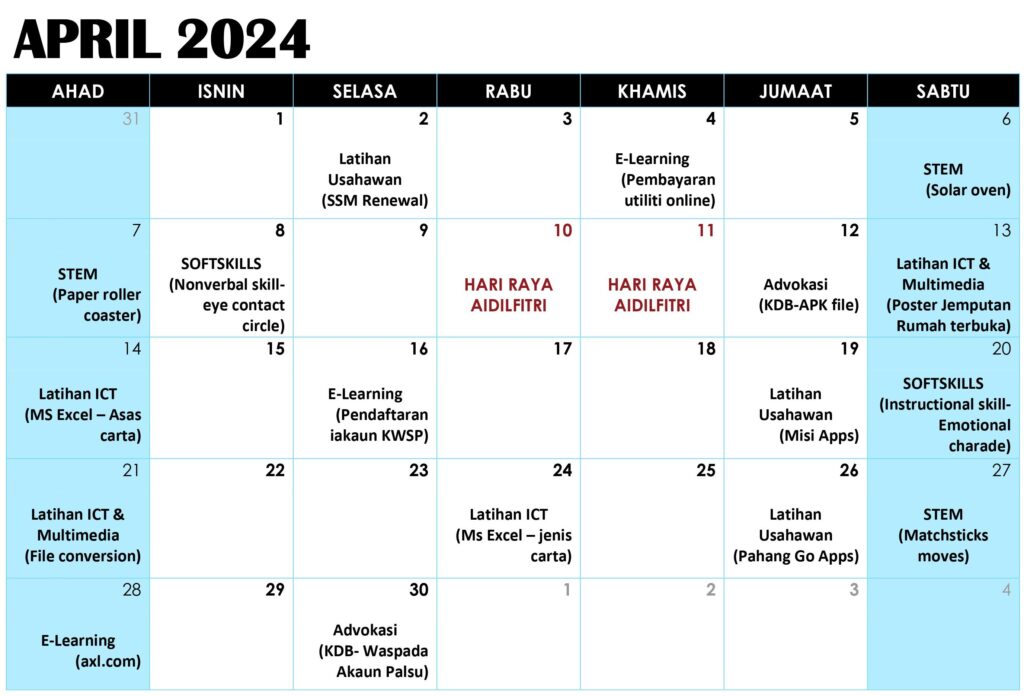 JADUAL AKTIVITI BULAN APRIL 2024 – NADI Felda Krau 1