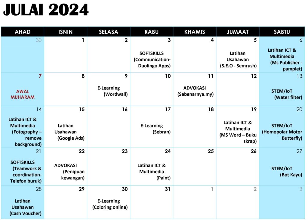 JADUAL AKTIVITI BULAN JULAI 2024 – NADI Felda Krau 1