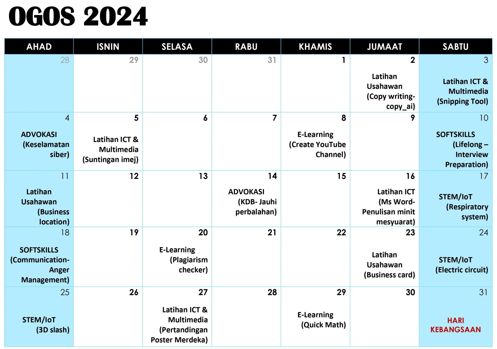 JADUAL AKTIVITI BULAN OGOS 2024 – NADI Felda Krau 1