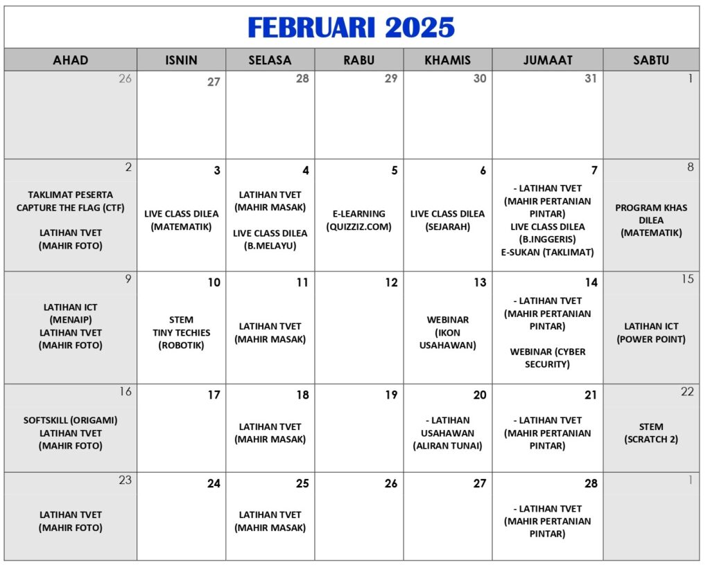 JADUAL AKTIVITI BULAN FEBRUARI 2025 – NADI Felda Krau 1